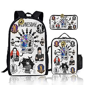 UDNHYET Wednesday Backpacks Set 3Pcs Multifunction Travel Bag with Lunch Box Pencil Case for Gifts