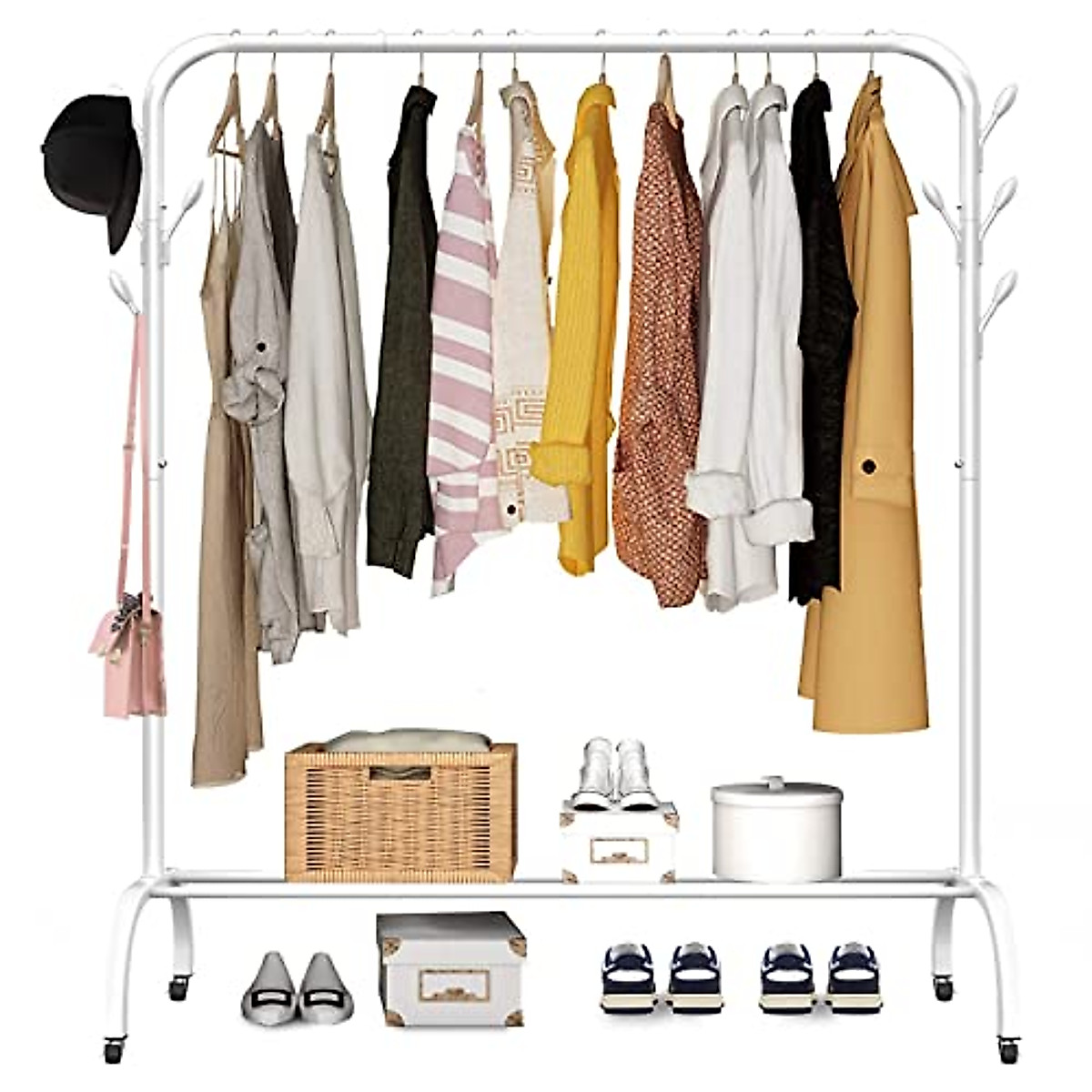 HILI Clothing Garment Rack with Wheels, Metal Clothes Stand Rack with Shoe Storage Rod, Sturdy Steel Frame Coat Rack for Indoor, Laundry, Bedroom(White)