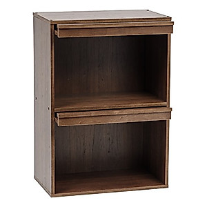 IRIS USA, Inc. 2-Tier Wooden Shelf with Pocket Doors, Stylish Stackable Shelving Unit with 2 Retractable Flap Doors for Additional Photo Record Picture Storage, Dark Brown