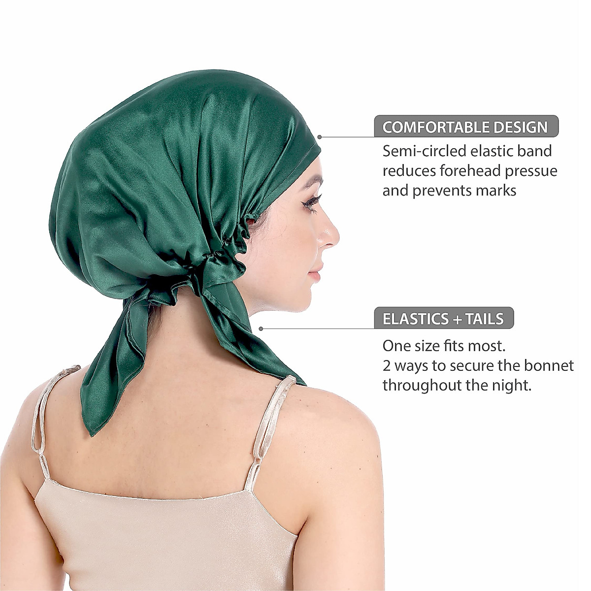 100% Silk Bonnet for Sleeping, Hair Bonnet with Tie Band, Large Silk Sleep Cap for Curly Hair, Silk Hair Wrap for Hair Care, Emerald