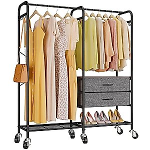 Timate P4 Rolling Clothes Rack for Hanging Clothes Portable Freestanding Garment Rack with Lockable Wheels, Heavy Duty Clothing Rack with Storage Drawers hanging Rods side Hooks Wire Shelves, Black