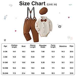 YUEMION Baby Boy Clothes Set Infant Tuxedo Long Sleeve Gentleman Suit Outfits + Beret Hat + Suspender Pants + Bowtie(L Beige - long sleeve, 6-12 Months)