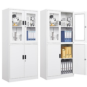 Letaya Storage Cabinet with Doors and Shelves,71" Steel Locker Acrylic Glass Door with Lock, for School Home Office