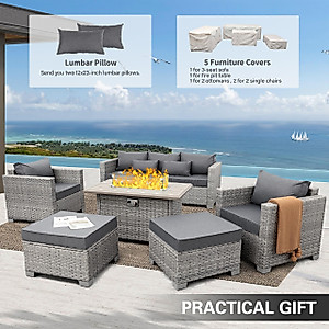 WAROOM Patio Furniture Set 6 Piece Grey Wicker Outdoor Furniture Patio Sectional Sofa Couch PE Rattan Conversation Sets with Fire Pit Table, Grey Cushion