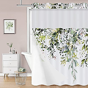 REZAYMRS Green Floral 3 in 1 Shower Curtain No Hooks, 71x74 inch Waterproof & Washable, Polyester Snap in Fabric Liner, Sheer Top Window, Double Layer Bathtubs Hotel Shower Curtains Set