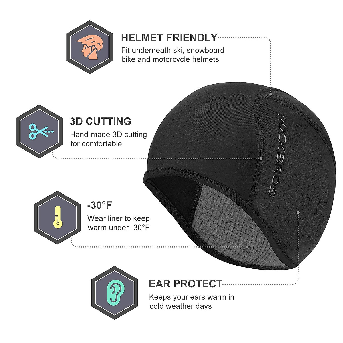 ROCKBROS Thermal Skull Cap Winter Hats for Men Women Ear Warmers Cold Weather Gear Helmet Liner for Cycling Running Ski