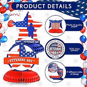 9 Pcs Happy Veterans Day Party Honeycomb Centerpiece Patriotic Table Decorations Veterans Day 3D Table Centerpiece for Table Decor Memorial Day Themed Birthday Graduation Party Supplies