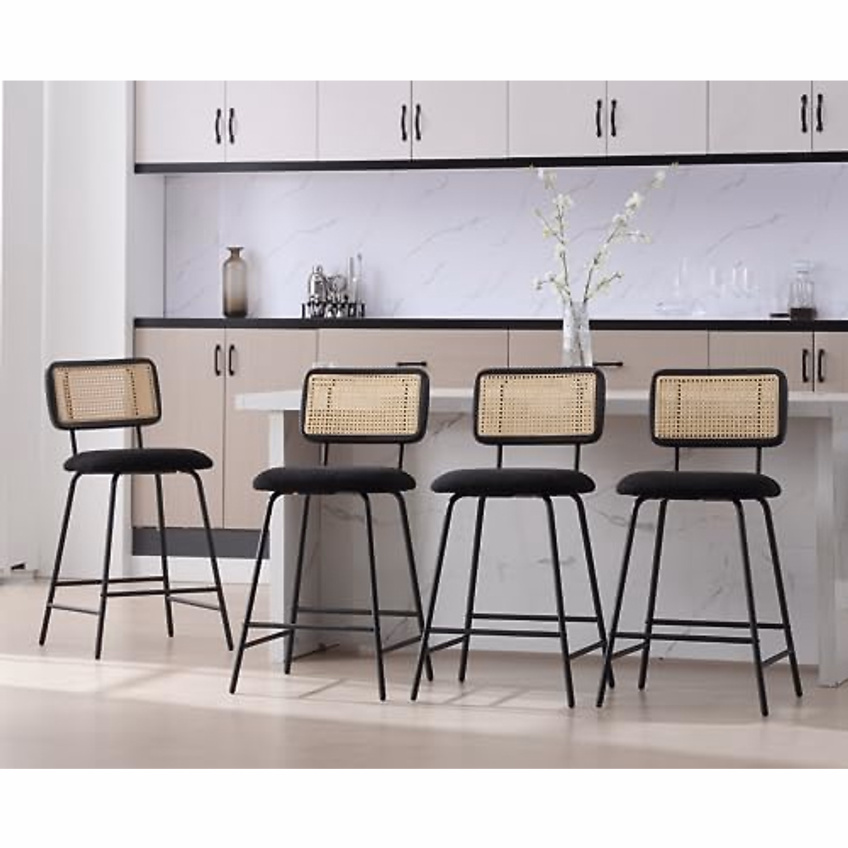 ZSARTS Black Rattan Barstools Set of 2, 26" Boucle Fabric Counter Height Bar Stools with Cane Back, Wicker Bar Chairs for Pub/Kitchen/Home Bar