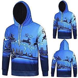Cool Hoodies for Men, Thenlian Mens 3D Printed Christmas Pullover Long Sleeve Hooded Sweatshirt Tops Blouse(Blue, XXXL)