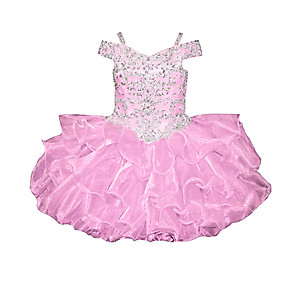 M_RAC Baby Girl's Crystal Off The Shoulder Glitz Cupcake Pageant Dresses Toddler Short Birthday Party Gowns Pink 3