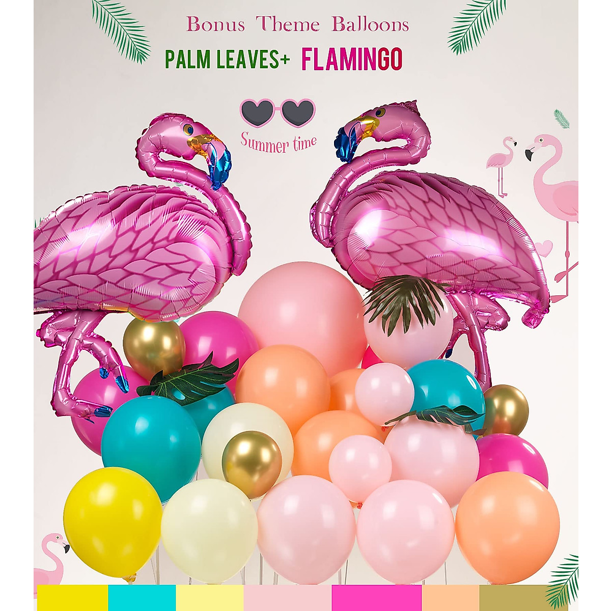 Yeewaka Tropical balloon Garland kit 145Pcs Hot pink Teal Yellow pink balloons foil flamingo balloons & Palm leaves For Summer by pool beach birthday decorations