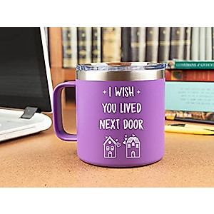 KLUBI Best Friend Gift Women - “I wish you lived next door” 14oz Purple Tumbler Mug - Cute idea for Friendship, Long Distance, Bestie, Birthday, Present, Female, Hostess, BFF