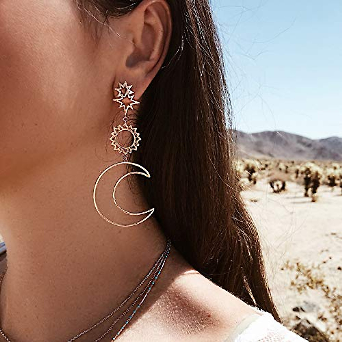 Bohemian Hollow Sun Moon Stars Asymmetric Big Drop Dangle Earrings for Women Jewelry-Gold