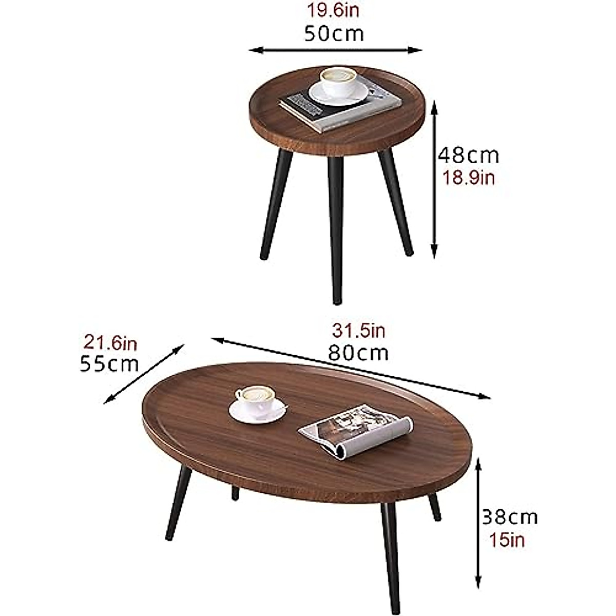 Nesting Coffee Table Oval,Wood Creative Sofa Side End Tables, Coffee Tables/Nightstand Set of 2,Black Metal Legs with Adjustable Foot Pad,for Living Room Bedroom Balcony (Color : Light Brown)
