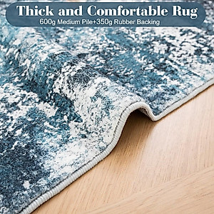 nusoarug 5x7 Modern Thick Pile Area Rug Machine Washable, 5' x 7' Carpet Abstract Non-Slip Area Rugs with Rubber Backing for Bedroom Kitchen Entryway Living Room Bathroom, Blue Rug