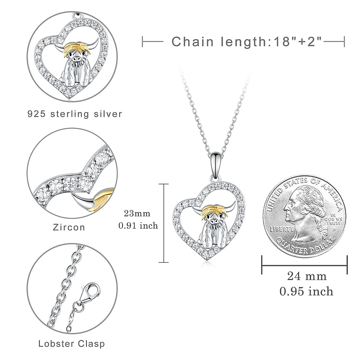 CVRAVO Animal Necklace for Women Sterling Silver Highland Cow Necklace Cute Heart Cow Pendant Necklace Jewelry Birthday Gifts for Women Wife