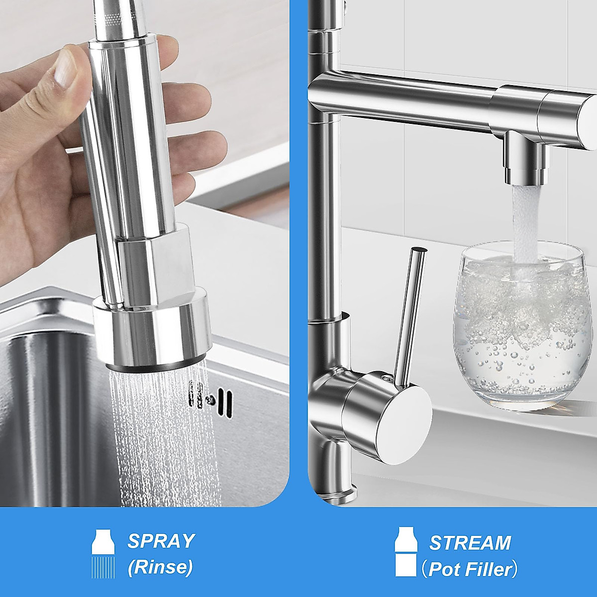 ZSW Kitchen Faucet with Pull Down Sprayer, Commercial Kitchen Sink Faucet with Pot Filler, Single-Handle Chrome Plated Stainless Steel Spring Sink Faucet