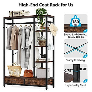 Tribesigns Freestanding Closet Organizer, 70.9" Coat Rack with 2 Drawers, Hall Tree with 6 Hooks and Shelves, Industrial Clothes Garment Rack with Hanging Rod for Entryway, Bedroom, Living Room