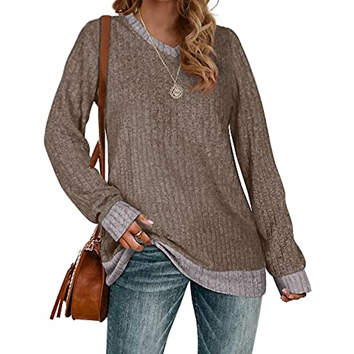 Long Sleeve Tops for Women V Neck Lightweight Tunic Sweaters Color Block Coffee XL