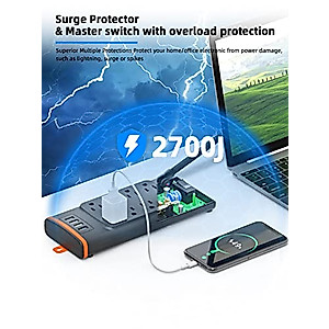 Surge Protector Power Strip Flat Plug, Swivel Extension Cord 6 Feet 3 Prong, 4 USB Ports(PD 24W), 8 Outlets, 2700 Joules, 15A/1875W, Circuit Breaker Switch, SGS Approved