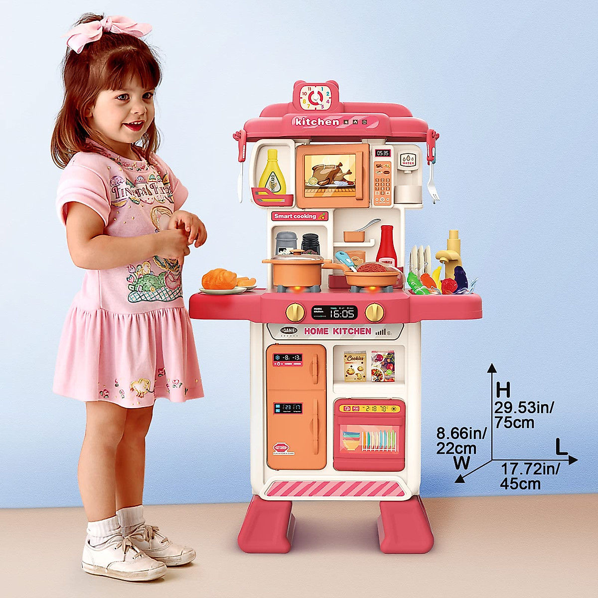 deAO Kids Kitchen Playset Toy with Sounds and Lights, Role Playing Game Pretend Food and Cooking Playset for Kids,35 PCS Kitchen Accessories Set for 3 4 5 Years Old Girls Boys