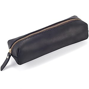 GORGECRAFT Leather Pencil Case Crazy Horse Large Capacity Genuine Leather Pencil Pouch Rectangular Portable Zippered Pen Cases with Zipper for Men and Women Office Supplies Pen Case, Black