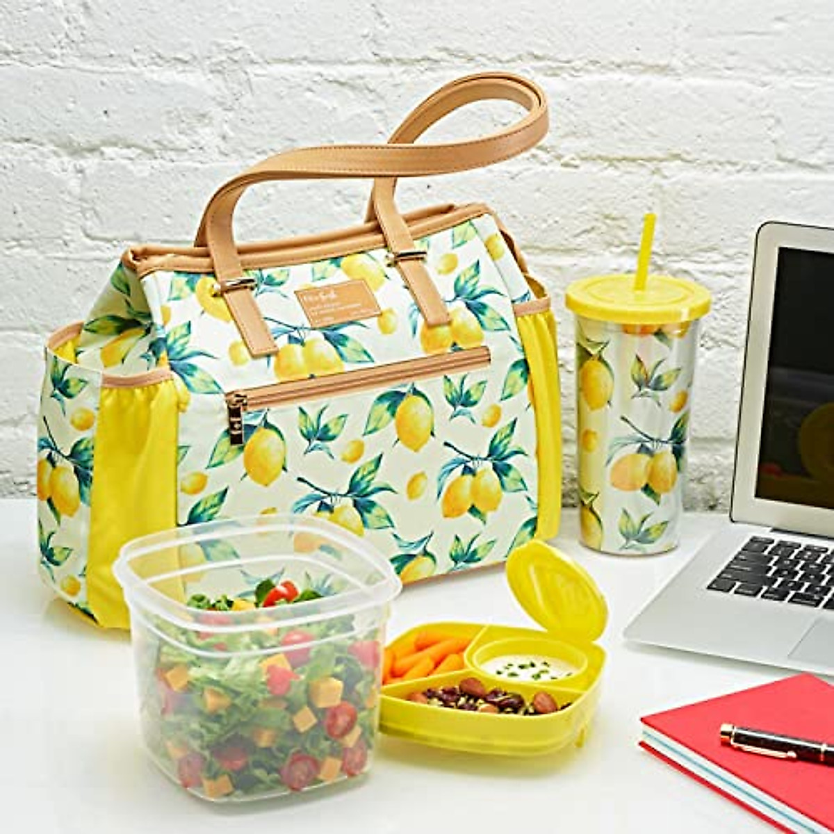 Fit & Fresh Copley Adult Insulated Lunch Bag with Side Pouches & Carry Handles, Complete Lunch Kit Includes Matching Tumbler & Salad Kit, Lemons