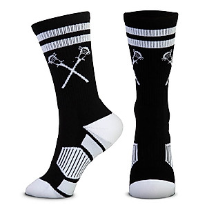 ChalkTalkSPORTS Lacrosse Woven Mid-Calf Socks | Retro Crossed Sticks | Black & White
