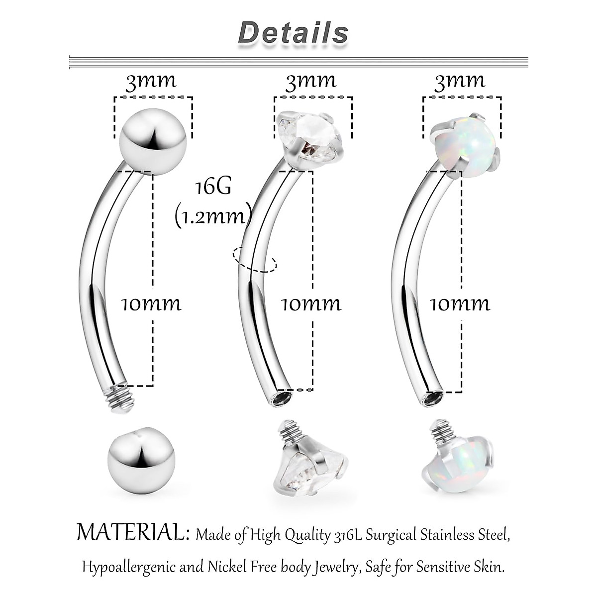 Ocptiy 16G Small Belly Button Ring Surgical Stainless Steel Curved Barbell Bar Eyebrow Navel Vertical Lip Labret Ring Helix Tragus Rook Daith Earring Stud Piercing Jewelry Women Men Silver 10mm Opal