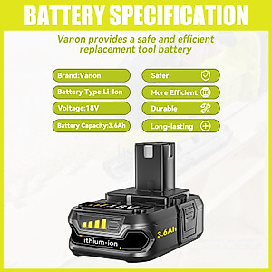 VANON Replacement for Ryobi 18V Battery 3.6Ah Lithium ion 18 Volt Batteries Replacement for Ryobi 18V Cordless Tools P102 P107 P105 P104 P103 P108 2Pack.