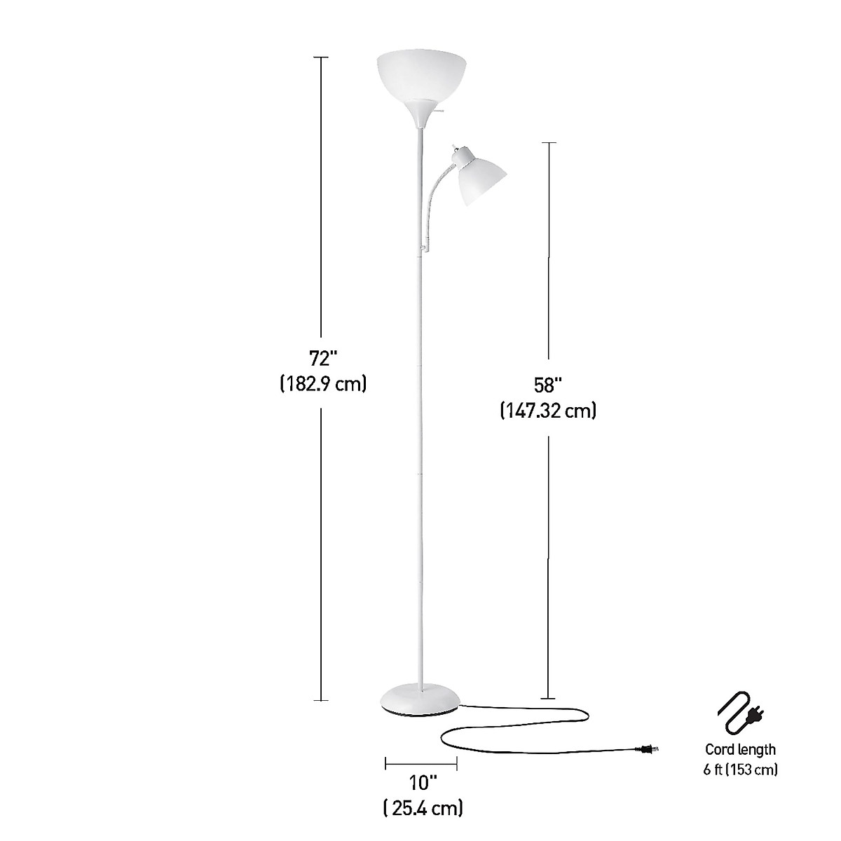 Globe Electric 67136 72" Torchiere Floor Lamp + Adjustable Reading Light, Matte White, Frosted Plastic Shade, 3-Step Rotary Switch on Floor Lamp Socket, Home Improvement, Home Office Accessories