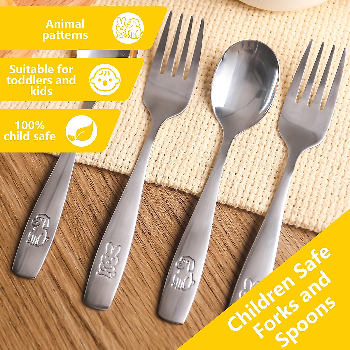 HAKSEN Stainless Steel Toddler Utensils Set, 12PCS Kids Safe Forks and Spoons with Bunny and Puppy Motifs, Mirror Polished & Dishwasher Safe