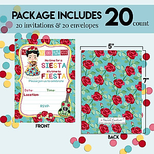 Amanda Creation Frida Fiesta Themed Birthday Party Invitations, 20 5x7 Fill In Cards with Twenty White Envelopes