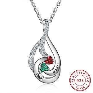 GLAMCARAT Personalized sterling silver necklace 2 child names engraved mothers jewelry with birthstones customized pendant for her (2 stones&names)