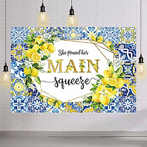 AIBIIN 7x5ft Lemon Bridal Shower Backdrop She Found Her Main Squeeze Engagement Party Photography Background Blue Tile Floral Print Decoration Bachelorette Bride To Be Wedding Photoshoot Prop Supplies