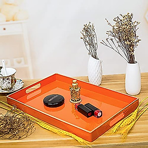 MAONAME Orange Serving Tray with Handles, Modern Decorative Tray for Coffee Table, Plastic Rectangular Tray for Ottoman, Bathroom, Halloween Decor, 15.75” x 10.2” x1.57