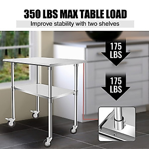 KODOM Food Prep Stainless Steel Table 36'' x 24'', Heavy Duty Workbench with Adjustable Under Shelf, Commercial Worktable with 4 Casters for Commerical Kitchen, Restaurant, Home and Hotel, Silver