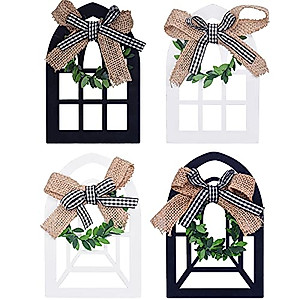 4-Piece Wooden Farmhouse Window Black and White Lattice Tiered Tray Decoration Cathedral Arched Window Wall Decor Home Kitchen Shelf Tier Photo Props Mini Rustic Window Frame Decoration Items (4 pcs)
