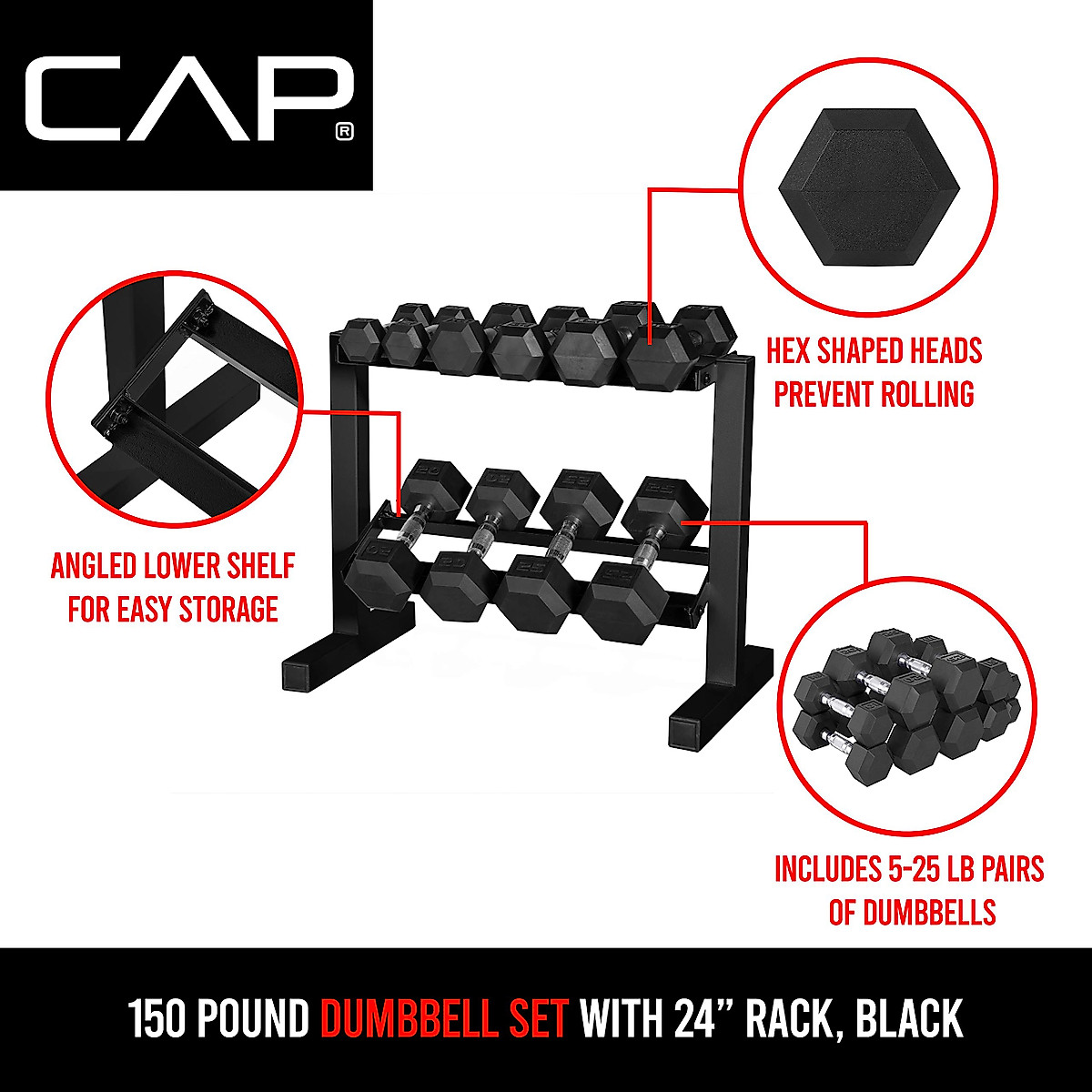 CAP Barbell 150-lb Hex Dumbbell Weight Set with Horizontal Rack