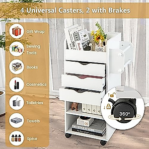Giantex Craft Storage Cart - Utility Organizer Cart with 3 Drawers, 3 Shelves, 3 Slotted Compartments, 2 Rolling Rods, Crafting Sewing Cabinet on Wheels for Wrapping Paper Scrapbook Ribbon (White)