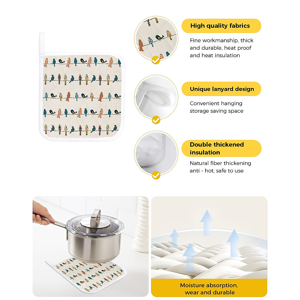 2 Pack Pot Holders for Kitchen, Orange Teal Plaid Heat Insulation Pot Holders Sets, Farmhouse Turquoise Spring Floral Birds Oven Hot Pads for Baking Cooking, 8.25x8.25 in