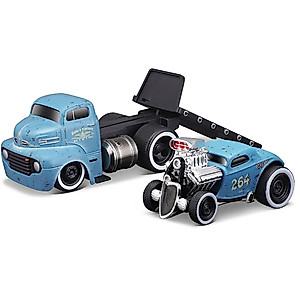 1950 COE Flatbed Truck & 1933 3W Coupe #264 Matt Light Blue w/Graphics (Weathered) Pablo's Customs 1/64 Diecast Model Cars by Muscle Machines 11533