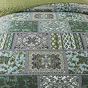 NEWLAKE Cotton Bedspread Quilt Sets-Reversible Patchwork Coverlet Set, Green Classic Bohemian Pattern,Queen Size