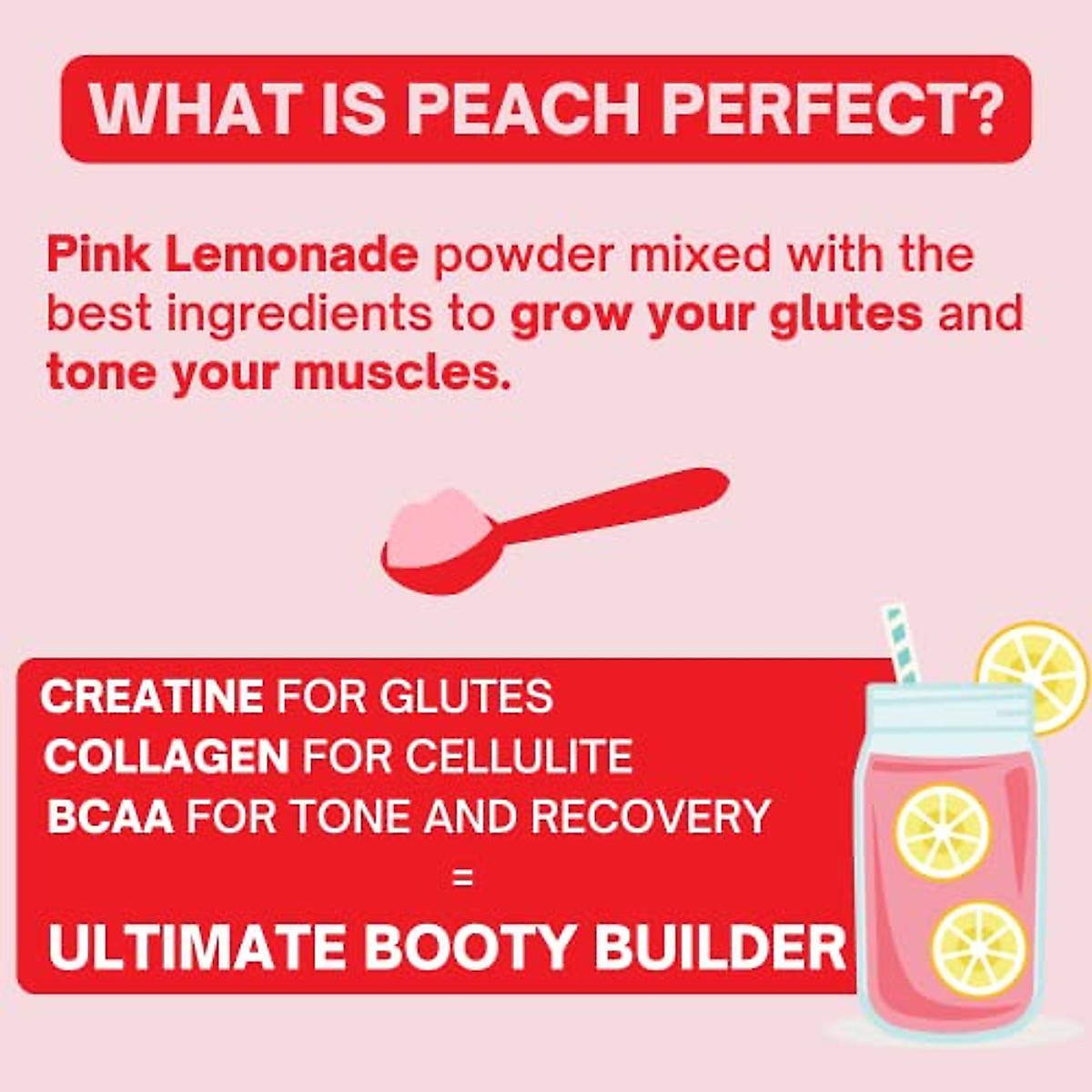 Peach Perfect Creatine for Women Booty Gain, Muscle Builder, Energy Boost, Pink Lemonade, Cognition Aid | Collagen, BCAA, lean muscle, Creatine Monohydrate Micronized Powder, Alt Creapure, 30 Servings