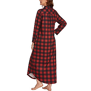 Ekouaer Women's Nightgown Long Sleeve Nightshirt Full Length Loungewear Plaid Sleepwear With Pockets, Red Plaid, Large