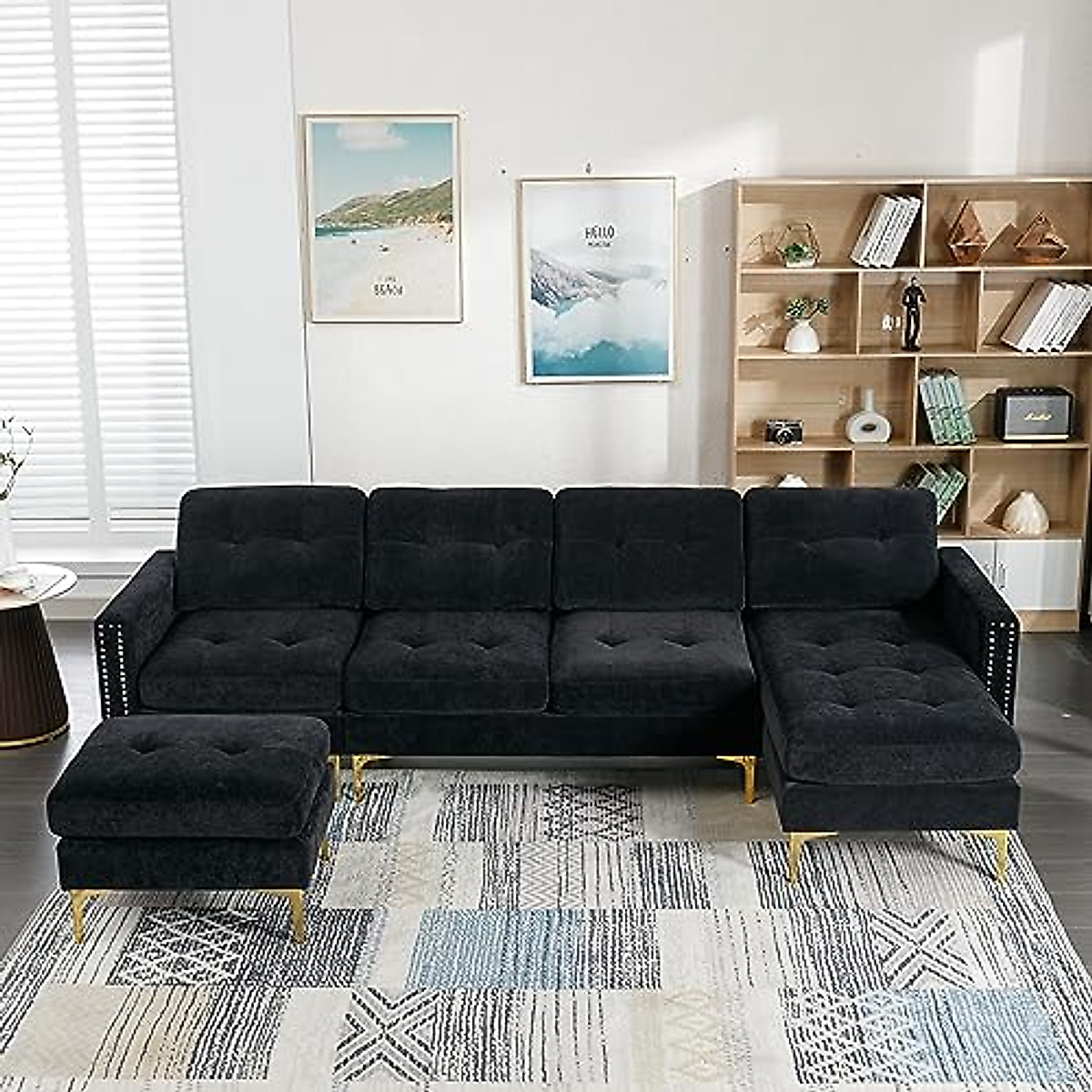 UBGO 110" Large Sofa,Living Room Furniture Sets,U/L-Shape Sectional Chaise Lounge and Convertible Ottoman,Velvet Couches for Apartment,Office (Black)