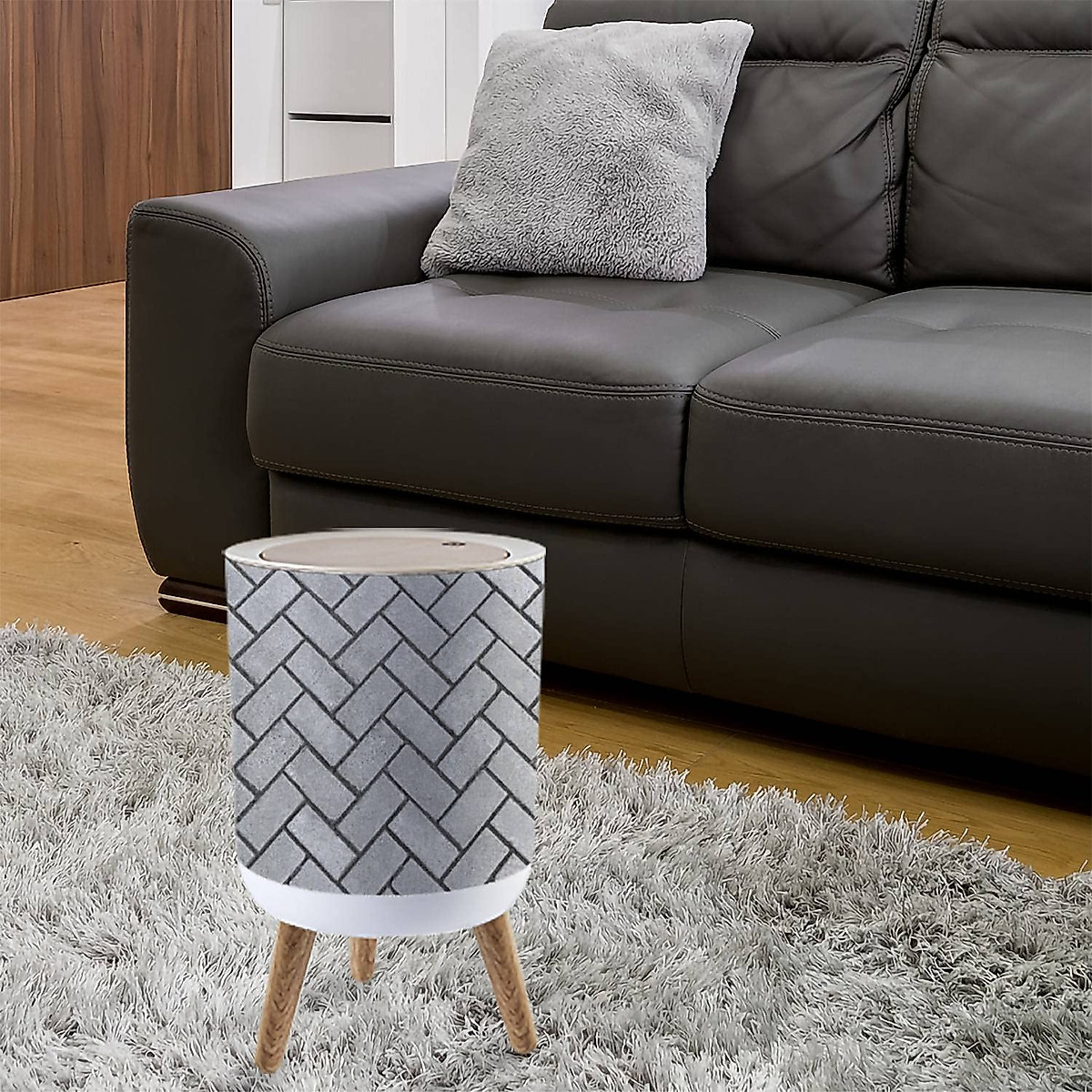 Small Trash Can with Lid Sidewalk Gray Tiles diagonally Texture Copy Space 7 Liter Round Garbage Can Elasticity Press Cover Lid Wastebasket for Kitchen Bathroom Office 1.8 Gallon