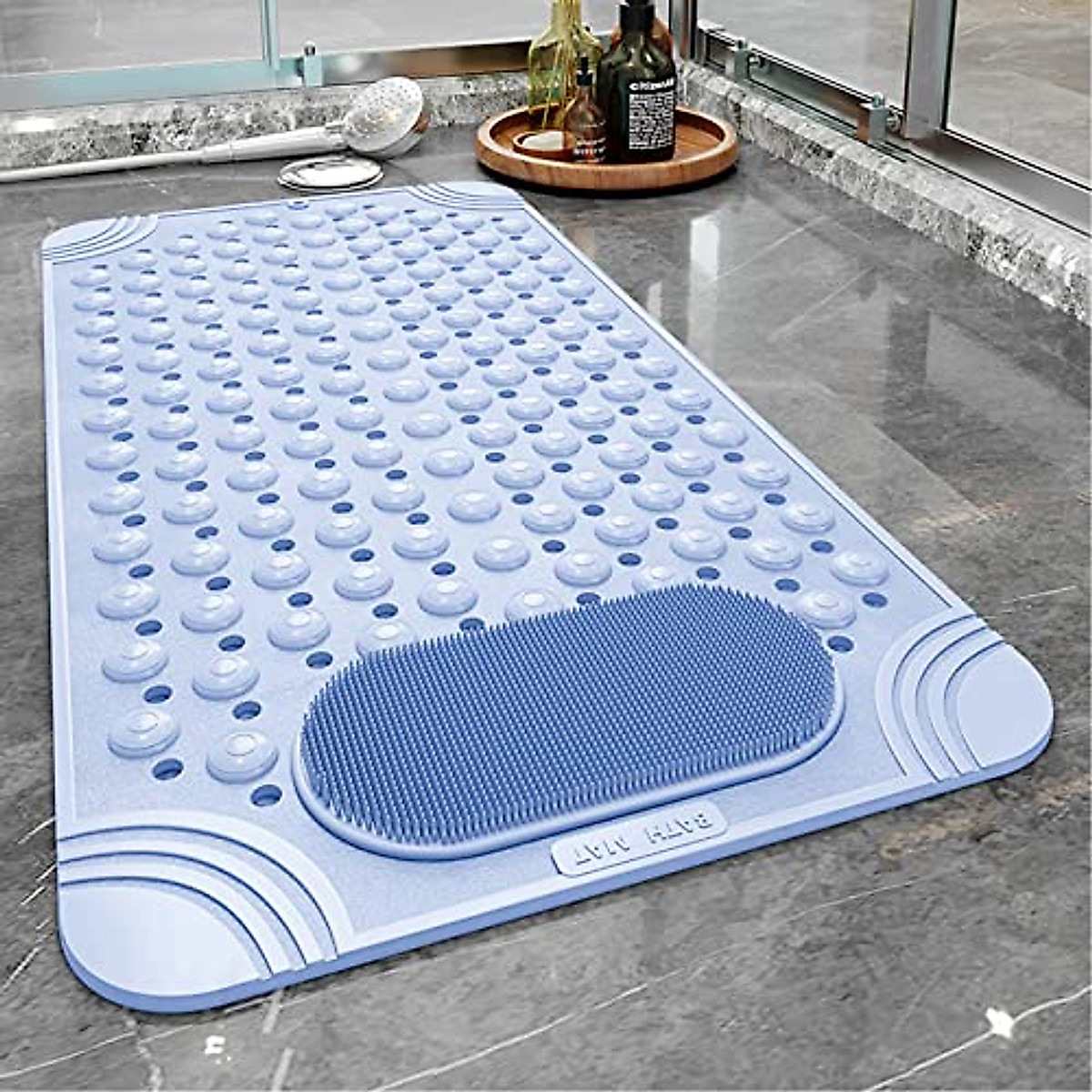 Bathtub Mat Non-Slip Rubber Shower with Drain Holes Suction Cups, Quick Easy Cleaning, Feet Massage, Bath for Tub & Stall Bathroom, Machine Washable (27.5×14.2in, Blue)