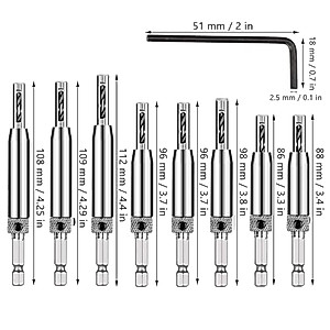 VTOSEN 17pcs Self Centering Drill Bit Set, High Speed Steel Hinge Tapper Core Drill Bit Set with 1 Hex Key & 8 Drill Bits 5/64-1/4”, Adjustable Door Drill Bits for Woodworking Window Door Hinge