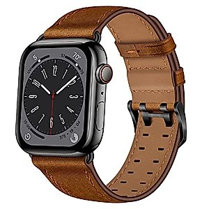 OUHENG Leather Bands Compatible with Apple Watch Band 49mm 45mm 44mm 42mm, Genuine Leather Replacement Band Strap Wristband for iWatch Ultra Series 8 7 6 5 4 3 2 1 SE2 SE Men Women, Retro Brown/Black